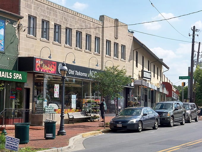 Old Takoma's main drag looks like someone colorized a vintage postcard and added just enough modern quirk.