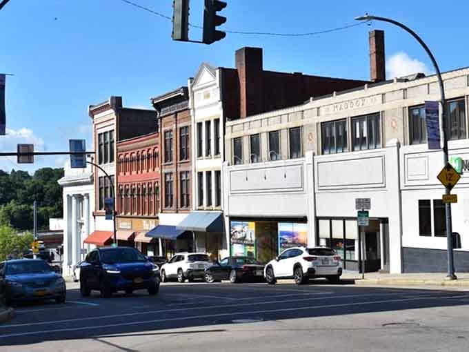 Historic brick buildings line Jamestown's main thoroughfare, offering a glimpse into the city's industrial past while housing today's thriving local businesses.