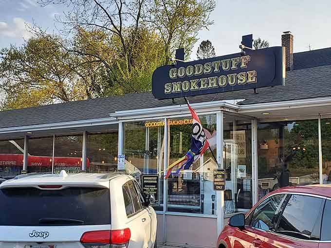 Goodstuff Smokehouse's welcoming storefront on a sunny day, with its distinctive sign beckoning hungry travelers to stop for pastrami perfection.