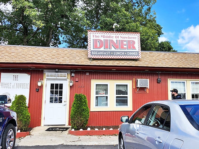 Like finding an oasis in a breakfast desert, this cheerful red building with its iconic sign stands ready to rescue hungry travelers from the terrible fate of starting their day without proper pancakes.