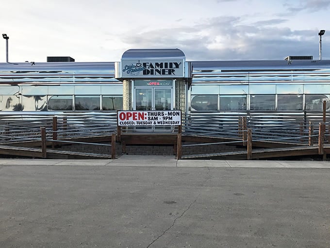 Even under moody Alaskan skies, this classic diner's metallic sheen promises warmth and comfort inside its retro walls.