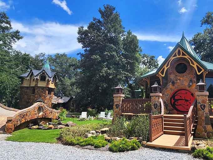 Multiple towers and whimsical bridges create a fantasy compound that looks like it's been enchanting Baldwin County for centuries.