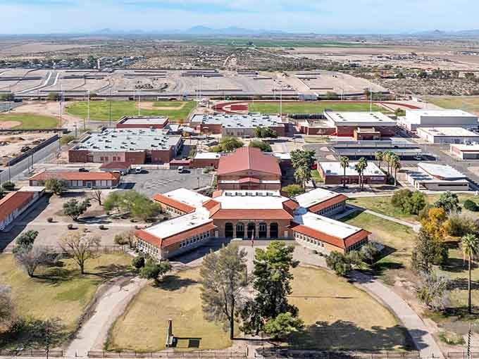 The impressive Arizona State Prison Complex in Florence stands as a stark contrast to the town's quaint historic center, with its distinctive mission-style architecture visible from miles around.