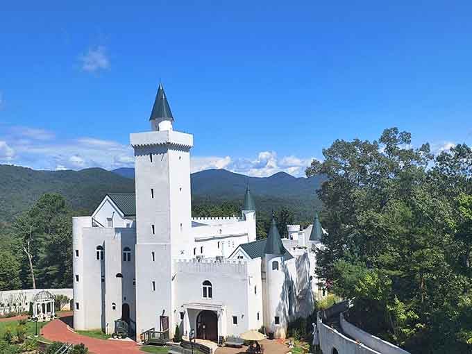 White towers rising from Georgia mountains like someone's European vacation dream materialized into actual architecture.