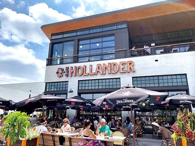 The Hollander sign beckons like a beacon of Belgian brewing wisdom, promising liquid education with every pour you order inside.