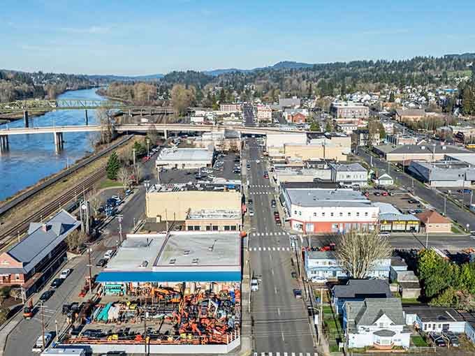 An aerial view reveals Kelso's perfect blend of small-town charm and natural beauty, with the Cowlitz River flowing peacefully nearby.