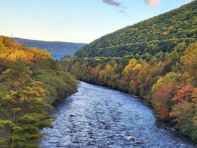 The golden hour transforms Lehigh Gorge into a painting come to life. As the river carves its ancient path between tree-covered slopes, you'll wonder why you ever waste time indoors.