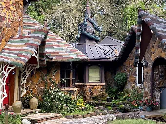Those striped rooflines ripple like a candy cane melted over a gingerbread house that grew up.