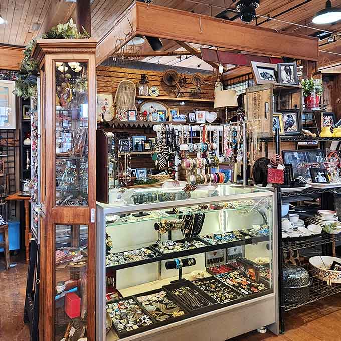 Jewelry cases gleaming with vintage treasures prove that one person's old brooch is another person's perfect find.