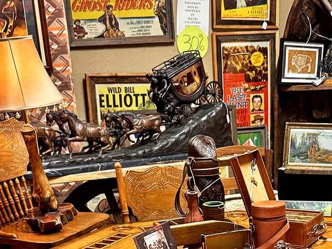 Western treasures collide in this corner of nostalgia heaven &ndash; vintage movie posters, a miniature stagecoach, and handcrafted wooden items that whisper stories of Montana's past.
