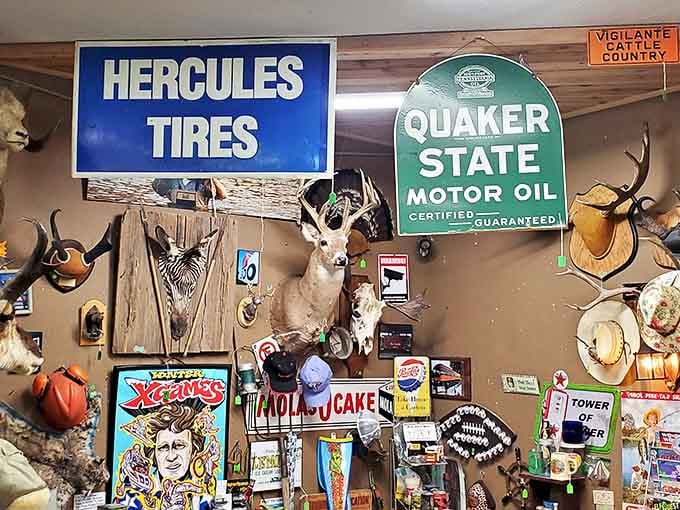 Vintage advertising meets Montana wildlife in this wall of Americana. Those Quaker State and Hercules signs would have my car-obsessed uncle emptying his wallet in seconds.