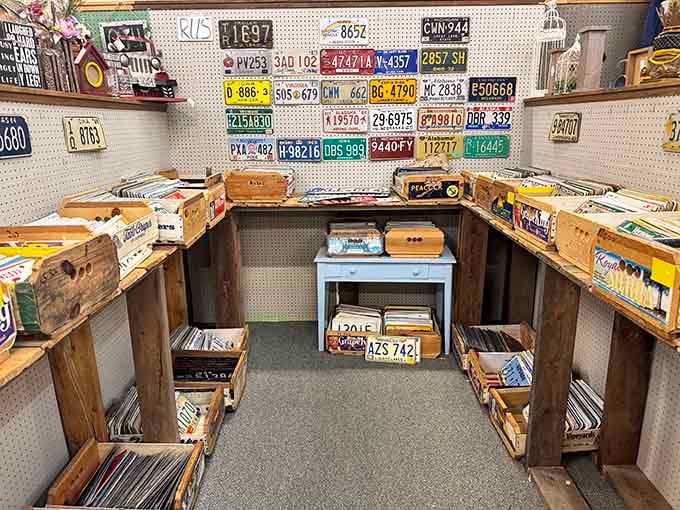 License plate heaven! Where road-tripping memories hang like trophies and every plate tells a story of highways, adventures, and that summer your cousin got pulled over in Utah.