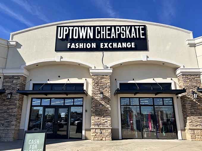 The stone-accented fa&ccedil;ade of Uptown Cheapskate promises treasure hunting adventures beyond those ordinary glass doors. Fashion archaeology at its finest!