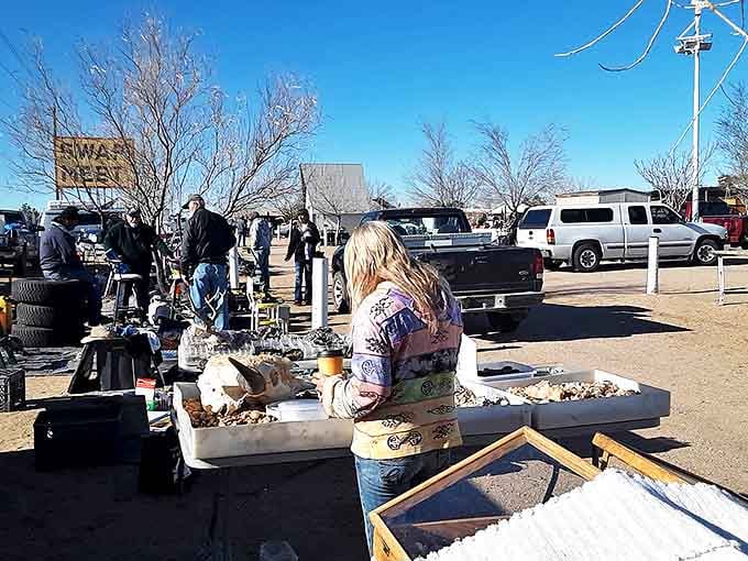 Winter at the swap meet brings out bundled-up bargain hunters, scanning tables of curiosities under Kingman's brilliant blue sky.