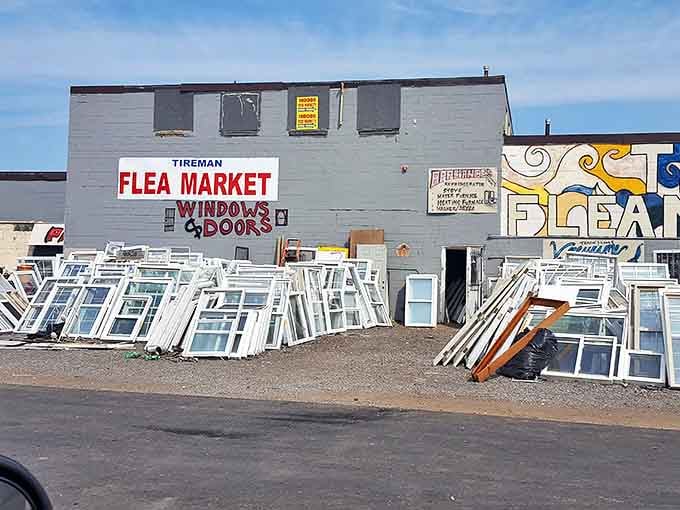 Window shopping takes on a whole new meaning at Tireman's exterior display. These frames and panes aren't just building materials&mdash;they're opportunities for reinvention waiting to be discovered.