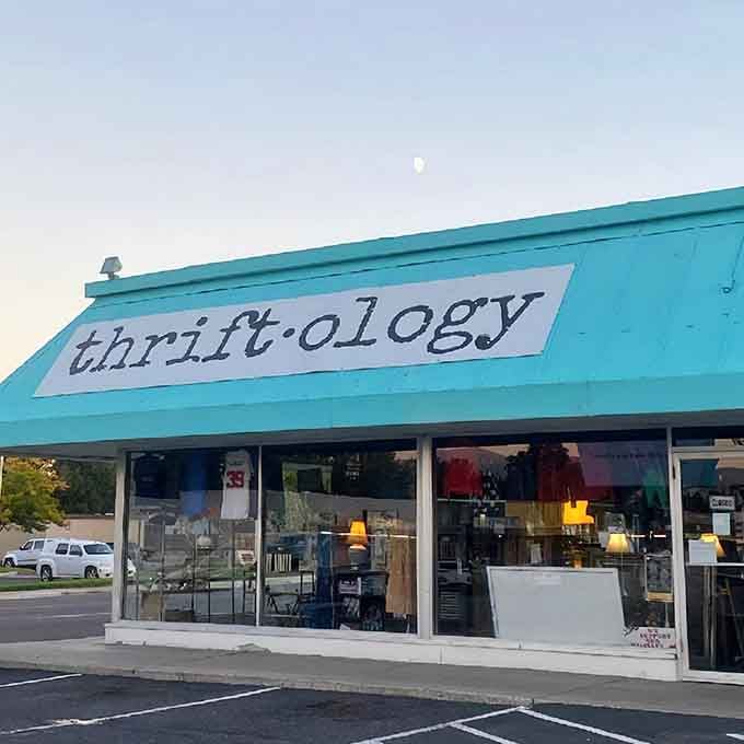 The turquoise storefront of Thriftology stands like a beacon of bargain hope against the Idaho sky, promising treasures within its unassuming walls.
