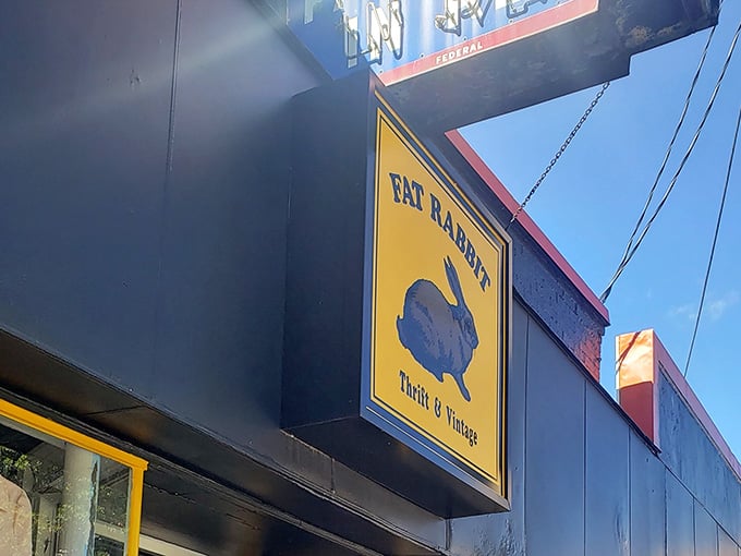The iconic yellow Fat Rabbit sign welcomes treasure hunters to Louisville's beloved thrift paradise, promising adventures in vintage shopping.