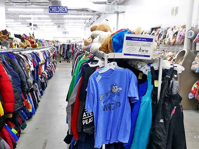 The children's section at Urban Renewals is a rainbow of possibilities, with clothing, toys, and stuffed animals waiting for new homes.