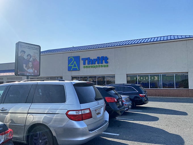 The distinctive blue-roofed exterior of 2nd Ave thrift superstore in Engleside, Virginia, where bargain hunters arrive ready for their next great find.