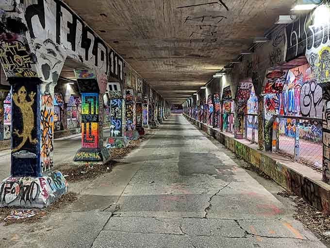 The tunnel stretches into the distance, its walls a testament to Atlanta's thriving street art scene and creative spirit.