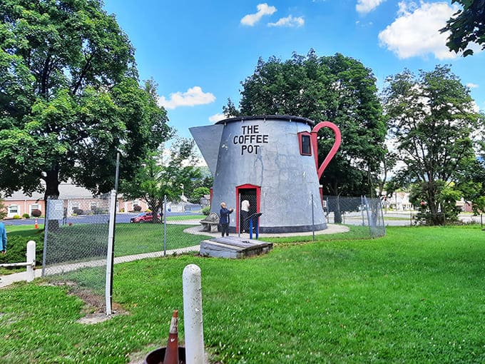 That magnificent silver gleam isn't a mirage, it's an 18-foot coffee pot ready for your camera roll.