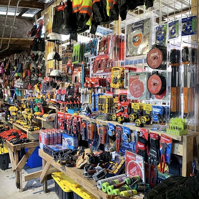 A DIYer's paradise of tools and hardware fills this vendor's booth, showcasing the practical side of Bill's diverse marketplace.