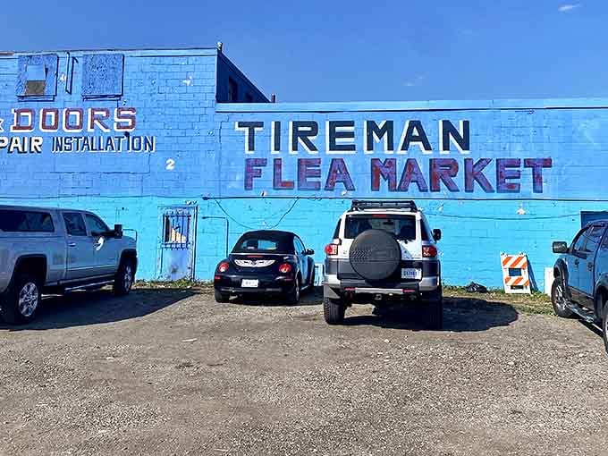 The iconic blue exterior of Tireman Flea Market stands like a retail rebel against Detroit's skyline, promising treasures within that big-box stores could never imagine.