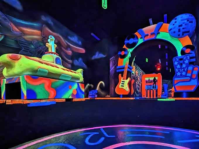 Neon guitars and psychedelic patterns create a visual feast that transforms simple putting into an artistic adventure experience.
