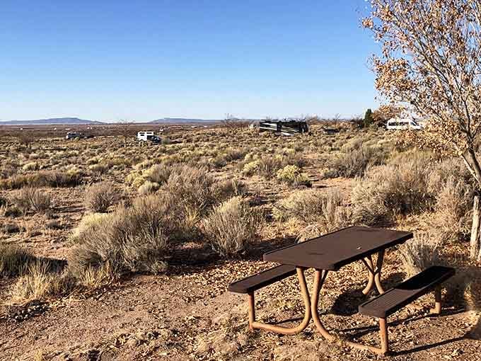 Your picnic table with a view of forever, where the only neighbor is a distant RV.
