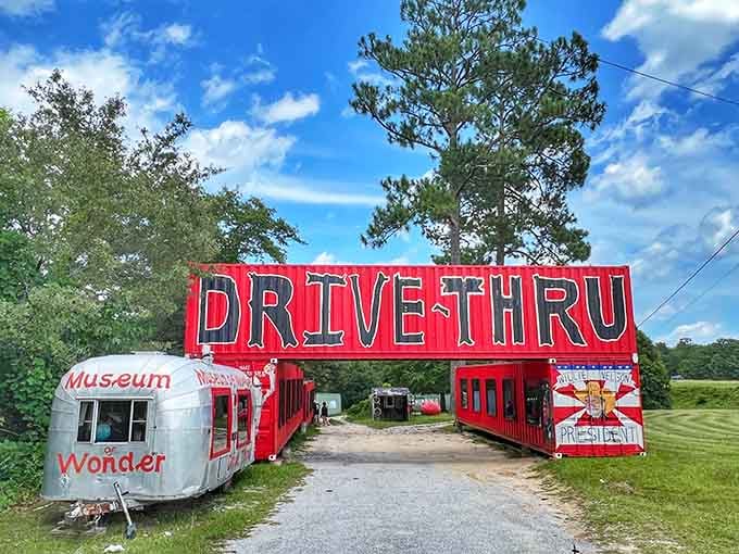 That bold red sign isn't asking for your attention, it's demanding it with the confidence of a carnival barker.