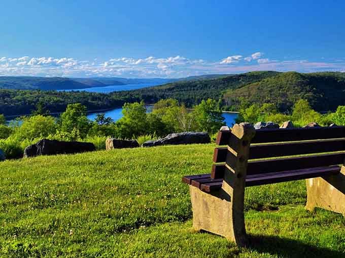 This bench has the best seat in Massachusetts, overlooking miles of pristine reservoir water and forested islands below.