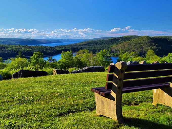 This bench has the best seat in Massachusetts, overlooking miles of pristine reservoir water and forested islands below.