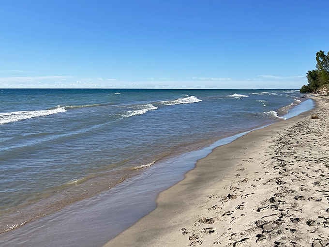 Golden sand meets endless blue horizons where Lake Michigan shows off its best beach impression.