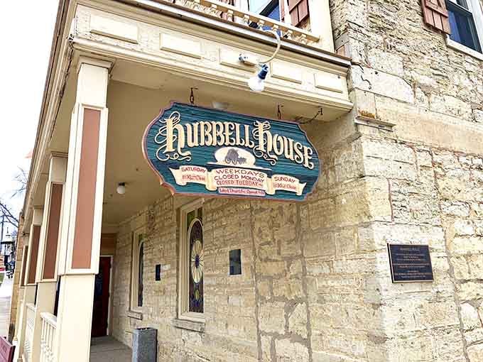 The ornate sign announces your arrival at The Hubbell House, where Saturday and Sunday mean something special is happening.