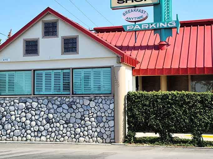 The "Breakfast Anytime" sign is basically a love letter to everyone who's ever slept past noon.