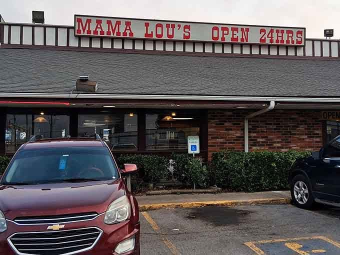 The red neon "OPEN 24HRS" sign isn't just information&mdash;it's a promise that comfort food awaits, no matter when hunger strikes.