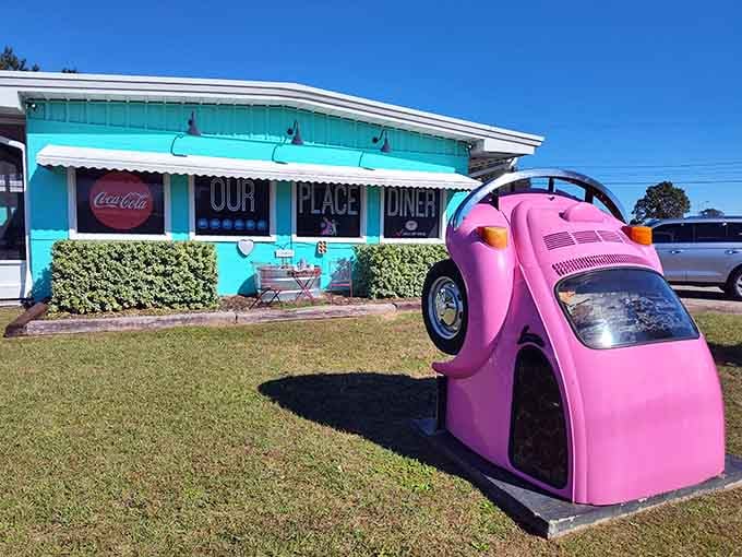 That turquoise exterior isn't just paint, it's a beacon of hope for anyone who's ever craved real breakfast.