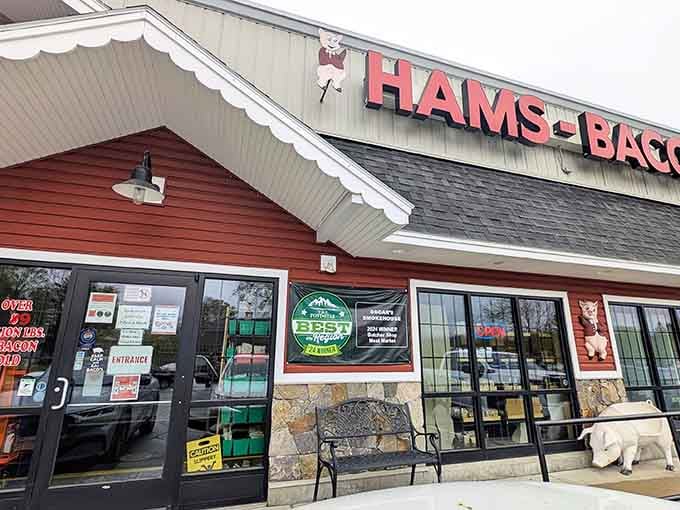 That red barn facade isn't just for show—it's your beacon to bacon paradise in the Adirondacks.