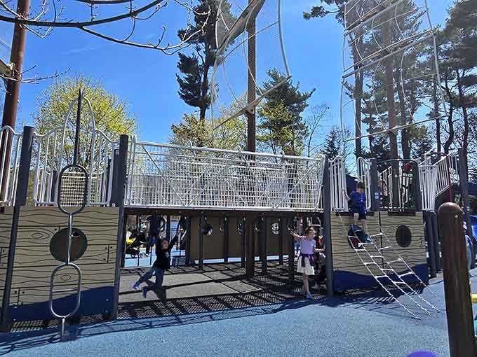 Climbing structures reach skyward while kids discover new routes to the top, building confidence with every grip.