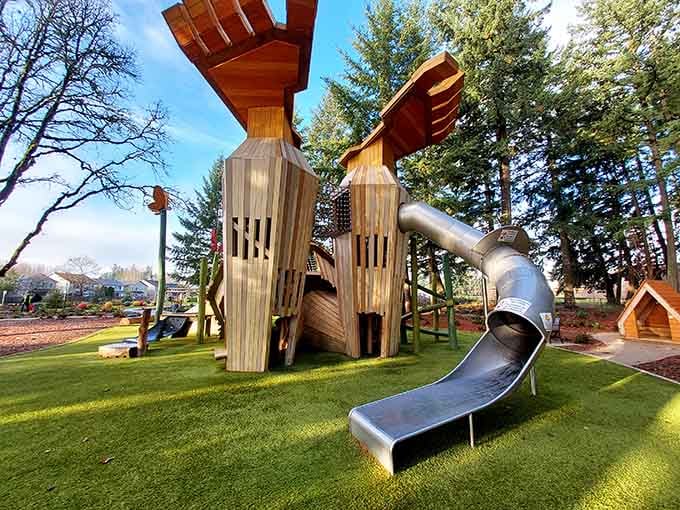 Those wooden towers rise like friendly sentinels, beckoning children to explore every level of this magnificent structure.