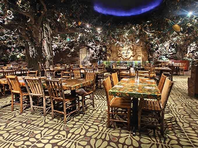 The patterned floor alone could hypnotize you, but then you'd miss the animatronic show happening overhead every twenty minutes.