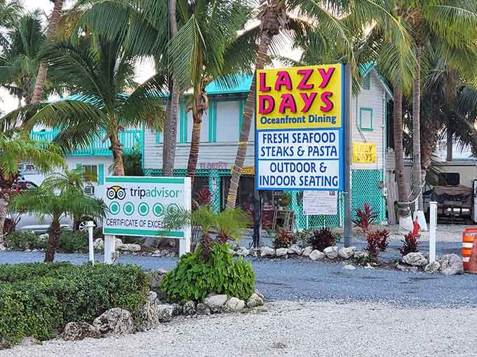 That cheerful yellow sign isn't just announcing a restaurant, it's promising an escape into island time perfection.