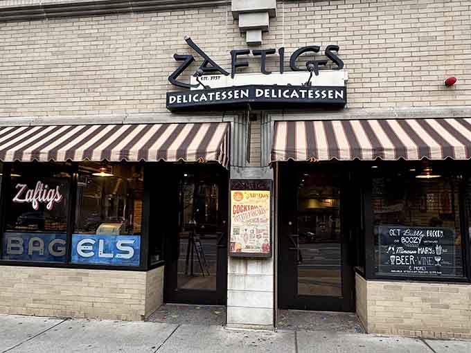 The promised land of pastrami beckons with its iconic striped awnings and vintage signage. Zaftigs' exterior practically whispers "come hungry, leave happy" to Harvard Street passersby.