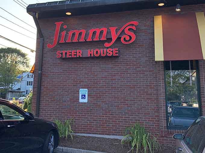 Jimmy's bold red lettering promises what lies within &ndash; a classic steakhouse experience where time slows down and prime rib reigns supreme.