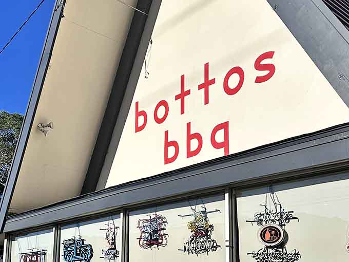 Simple red lettering against white says everything you need to know: serious barbecue lives here.