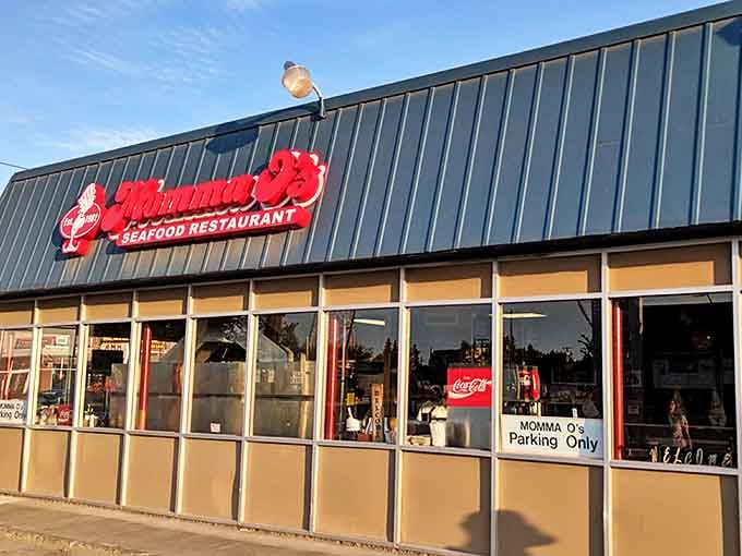 Bathed in golden sunlight, Momma O's no-nonsense exterior hints at the straightforward, delicious seafood experience waiting inside.