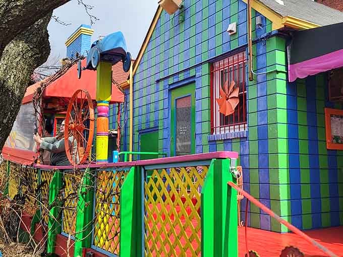 When a building decides to wear every color in the crayon box simultaneously, you know breakfast will be interesting.