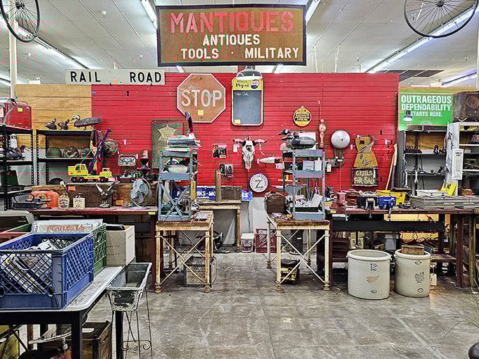 The "Mantiques" section is a testosterone-fueled paradise where vintage tools and stop signs tell stories of America's industrial past.