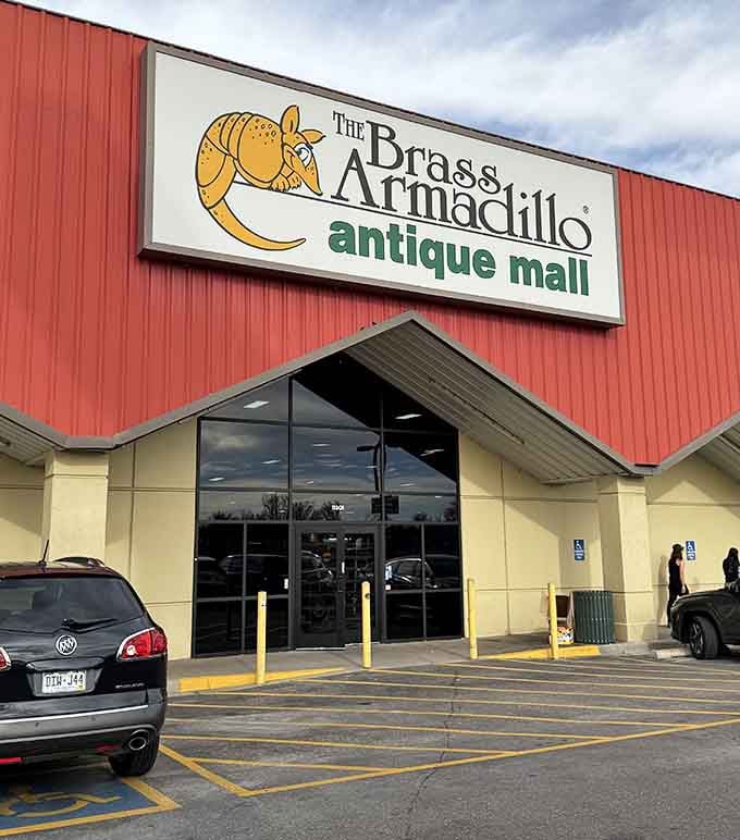 The iconic red exterior of Brass Armadillo beckons like a siren call to collectors. That armadillo logo isn't just cute—it's practically winking at you to come inside.