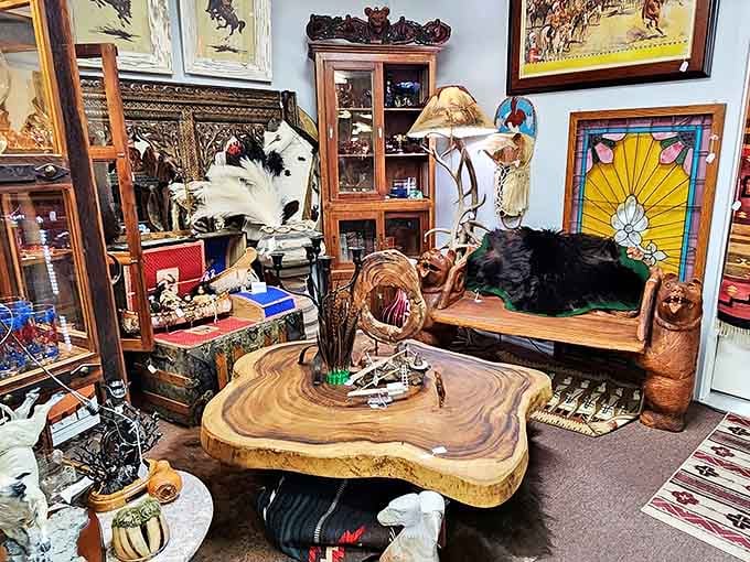 A living room from another era, complete with a gorgeous live-edge table and what appears to be the store's resident quality-control expert taking a well-deserved nap.